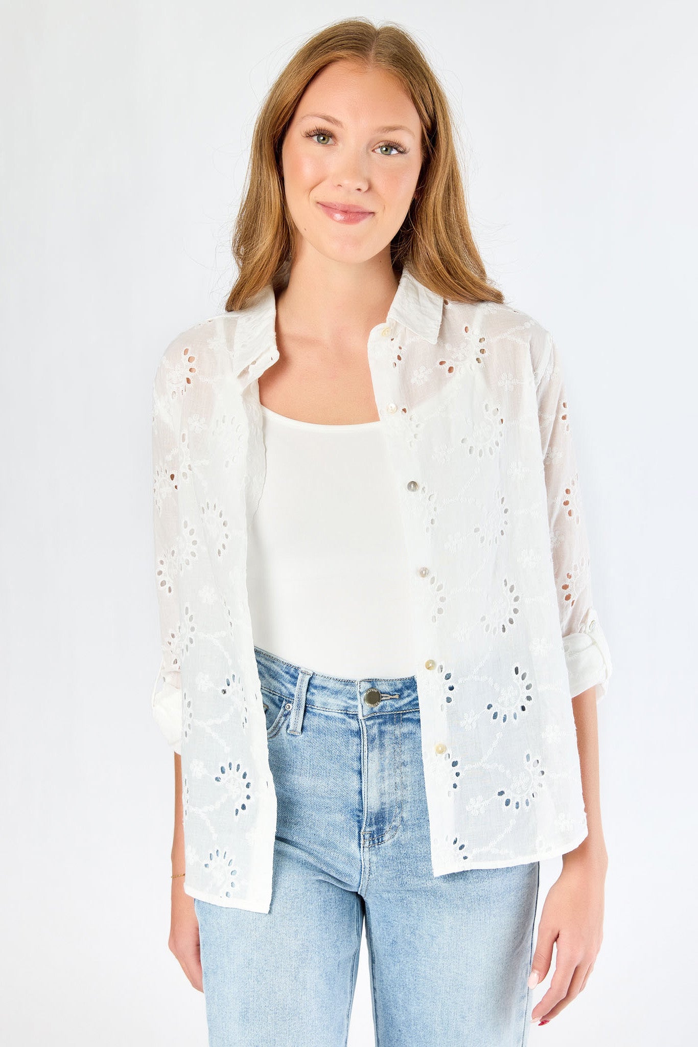 Eyelet Roll-Sleeve Shirt – Eclipse